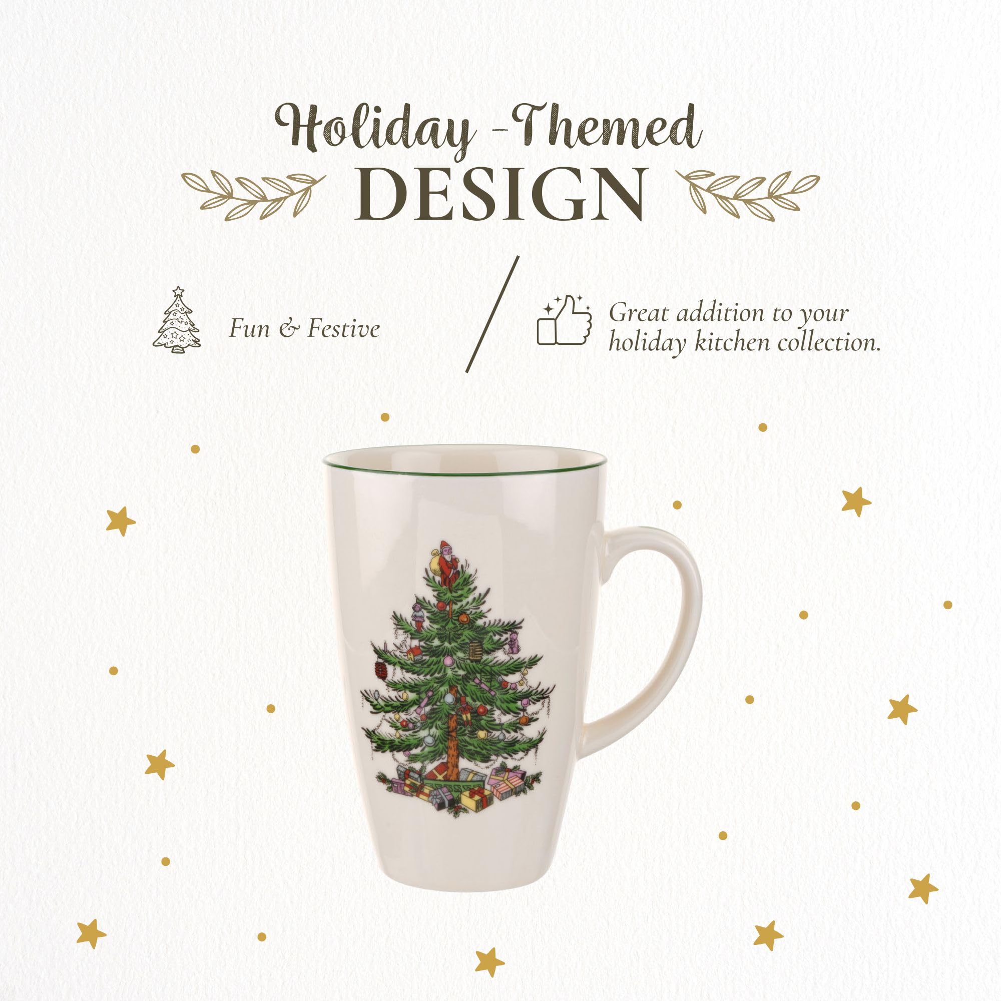 Spode Christmas Tree Latte Mug - 22 Oz Holiday Coffee Cup for Tea, Hot Cocoa, and More - Classic Green Banded Christmas Tree Design - Dishwasher & Microwave Safe Fine Earthenware Mug