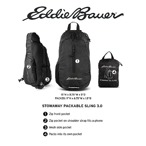 Eddie Bauer Stowaway Packable 10L Sling 3.0 Made from Polyester with Lightly Padded Shoulder Strap, Oynx