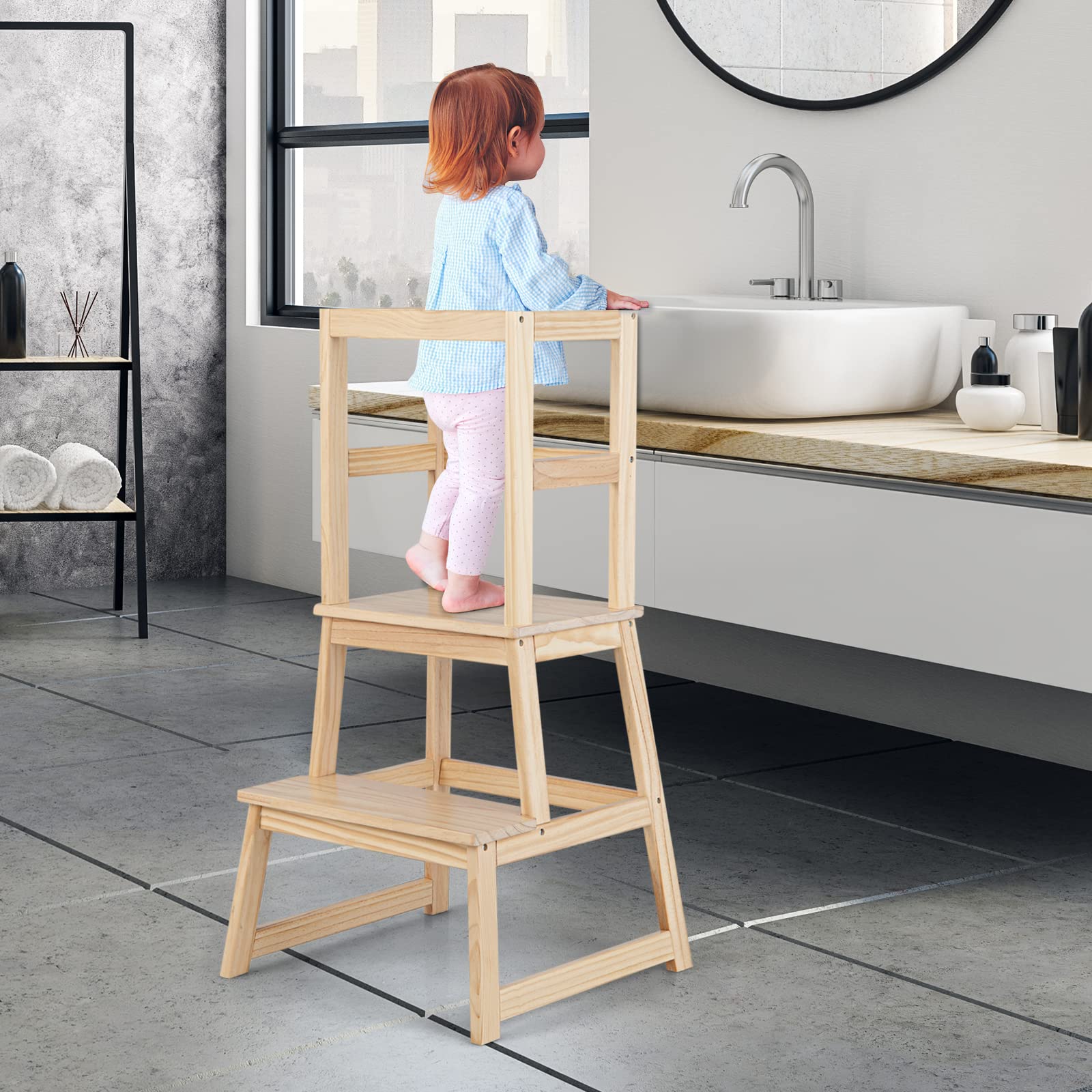 HONEY JOY Kids Kitchen Step Stool with Safety Rail, Wooden Montessori Standing Tower for Counter Bathroom Sink, Non-Slip Mat, Children Learning Stepping Stool for Toddlers 18+ Month