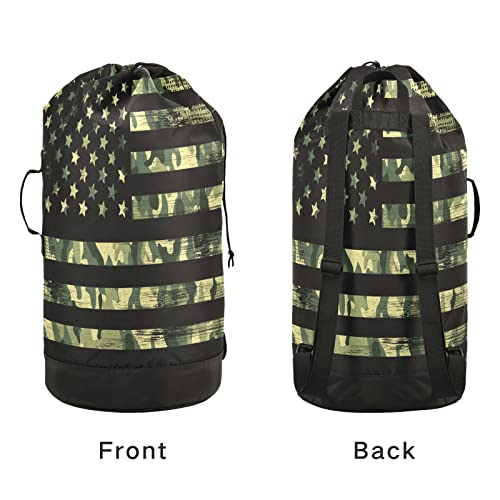 One Bear Camo American Flag Laundry Bag Drawstring Closure Waterproof Durable Backpack Storage Basket Organization Dirty Clothes Bag Laundry Hamper with Shoulder Straps