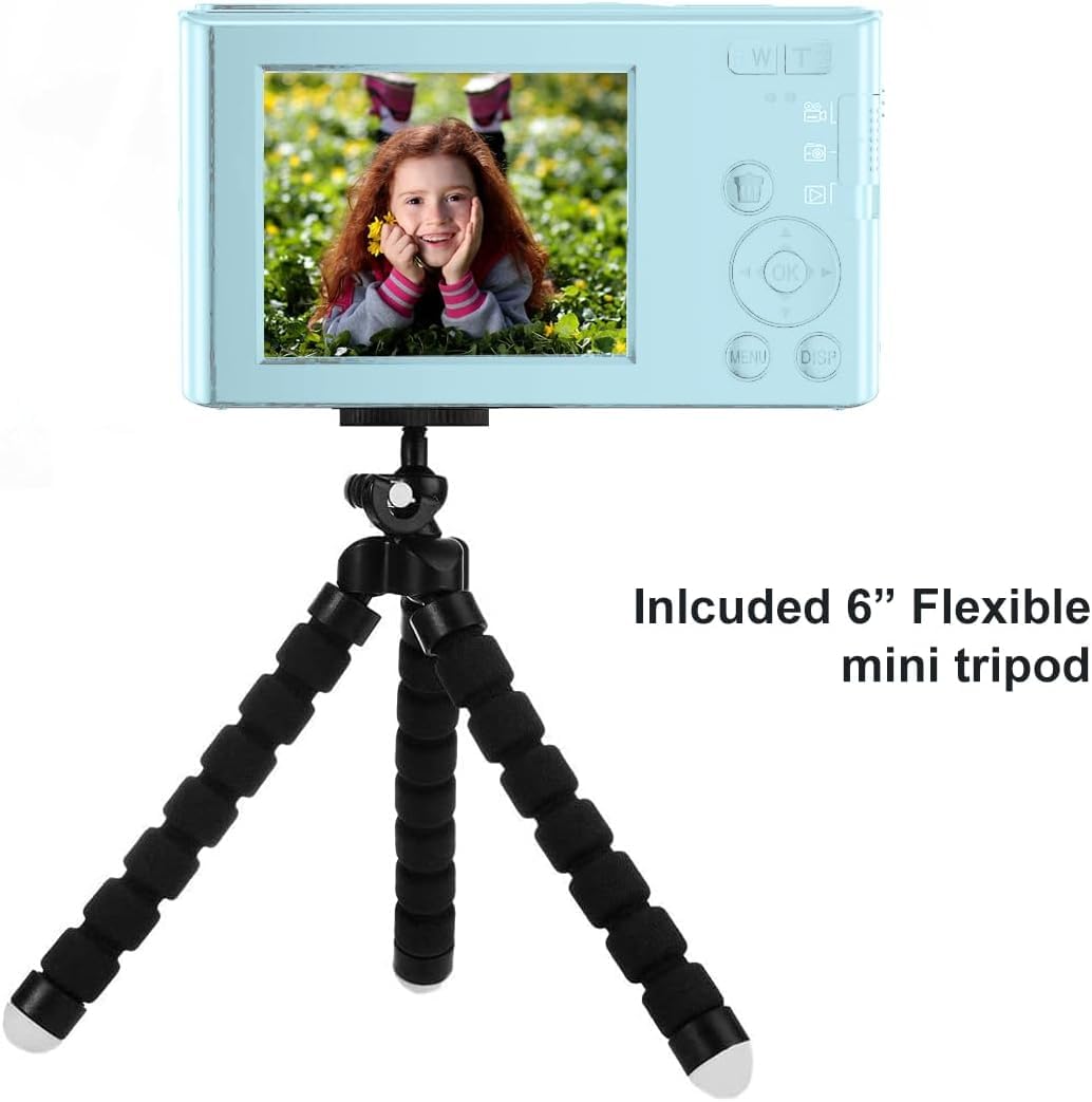 eDealz 44MP Digital Camera Compact Point & Shoot Camera, 16X Zoom, 32GB SD Card, Card Reader 6" Tripod and 6PC Card Holder Kids Camera 2.4" Screen, Vlogging Camera for Teens, Kids, Adults (Blue)
