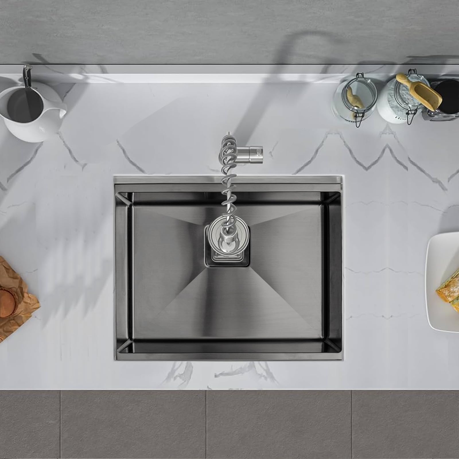 Strictly Sinks Undermount Workstation Kitchen Sink β Black 23 Inch 16 Gauge Single Bowl Kitchen Sink with Grid, Wooden Cutting Board, Colander, 1 Square Strainer Drain & 1 Garbage Disposal Adapter
