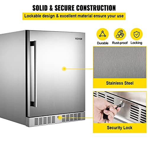 VEVOR 24" Undercounter, 5.3 cu.ft. Compact Stainless Steel, Built-in Beverage Refrigerator,Mini Beer Fridge for Home Bar Office Outdoor, Silver