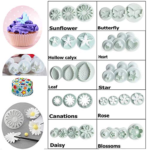 INSPEE Fondant Tools 33 Pieces Plunger Sugarcraft Cake Cookie Cutters Sunflower Leaf Butterfly Heart Gerbera Shapes Decorating Mold DIY Tools