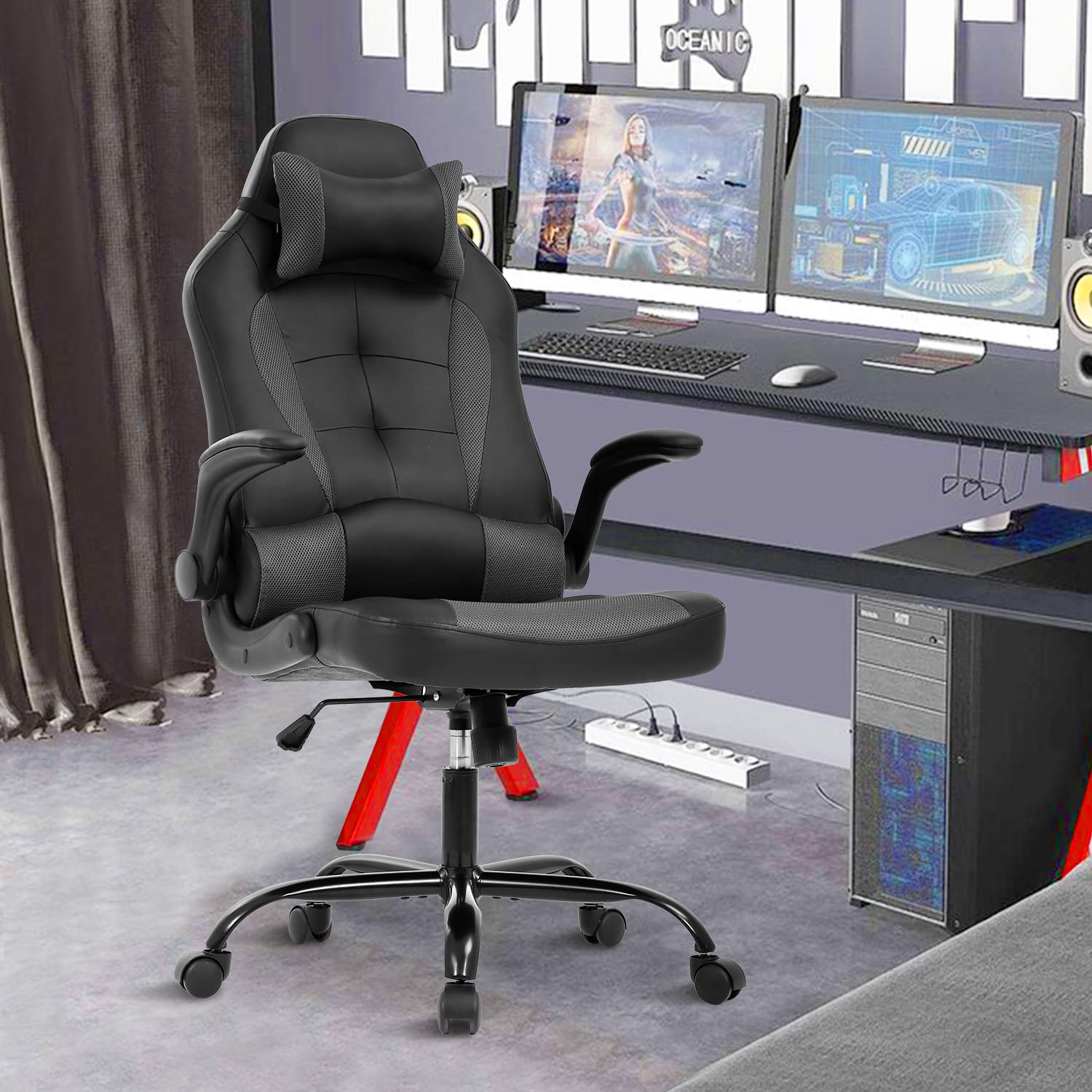 Gaming Chair Computer Chair Ergonomic Office Chair with Lumbar Support& Headrest& Armrest, Adjustable PU Leather High Back Desk Chair Racing Executive Rolling Swivel Task Chairs, Grey