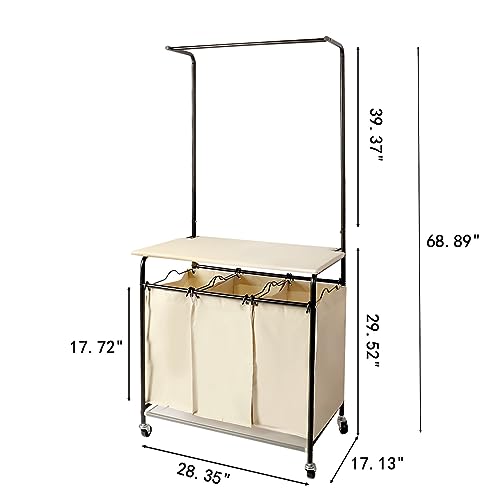 MYOYAY 3 Section Laundry Sorter with Garment Hanging Bar Rack Foldable Ironing Board, Laundry Basket Organizer Heavy Duty Laundry Hamper Rolling Cart with Lockable Wheels and 3 Removable Bags