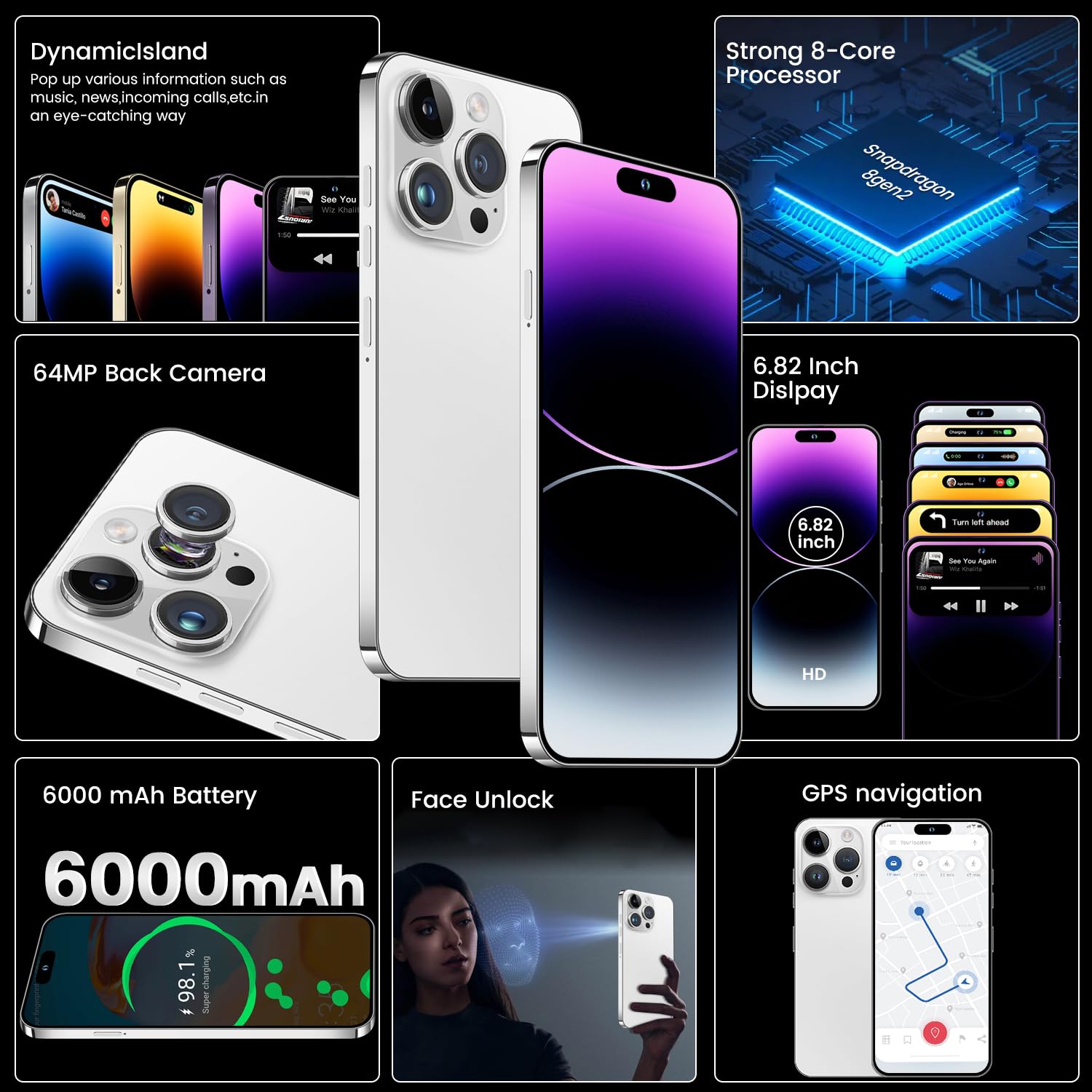 ExAchat A14 5G Unlocked Cell Phones, 6GB + 256GB, 8-Core, 6.82" HD Display Smartphone, Android 13.0, 6000 mAh,64MP + 24MP, Android Phones That Support Face/Fingerprint Recognition-White