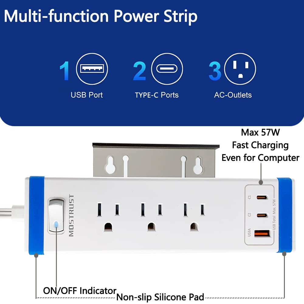 Mostrust 3-Outlet Power Strip, White, 5 Feet