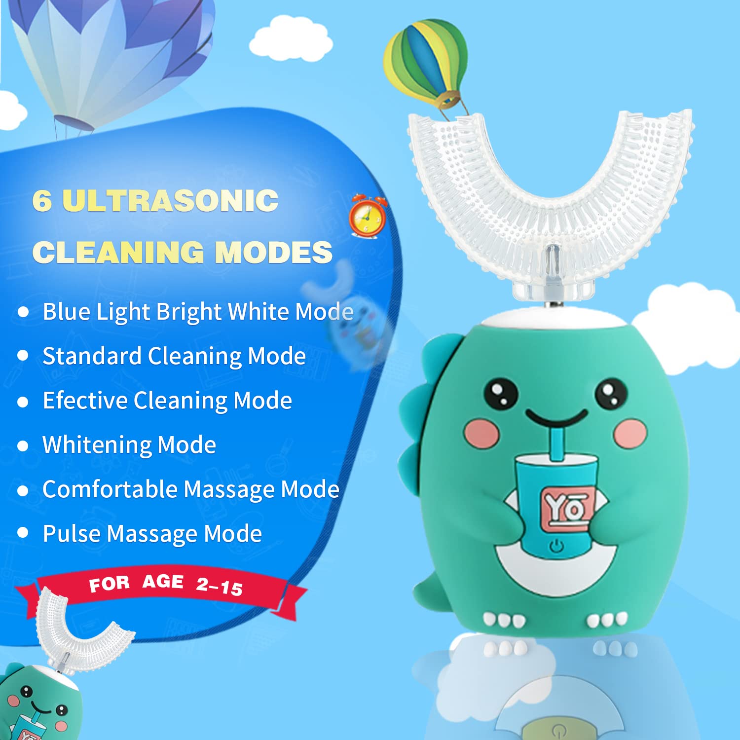yeklike Kids Electric Toothbrushes, U Shaped Ultrasonic Toothbrush,Rechargeable Kids Toothbrush w/Smart Timer, Sonic Toothbrush K10 (2-7y)…