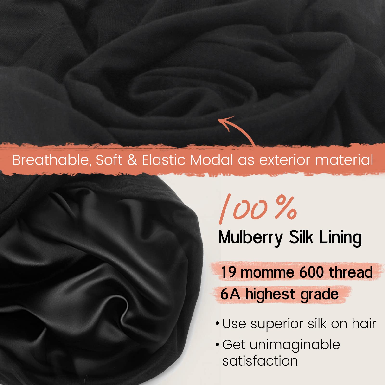 iCooBreeze 100% Mulberry Silk Lined Sleep Cap Bonnet for Curly Hair and Braids, Stay On Sleeping Hair Wrap Adjustable, 1PC, Solid Black