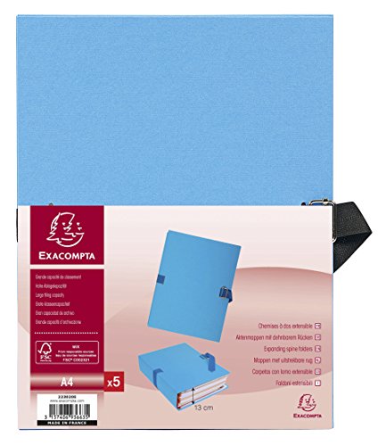 Exacompta - Ref 223020E - Expanding Folder - 240 x 320mm in Size, Suitable for Storing A4 Documents, Expands Up to 13cm , Coloured Canvas with Matching Strap - Light Blue (Pack of 5)