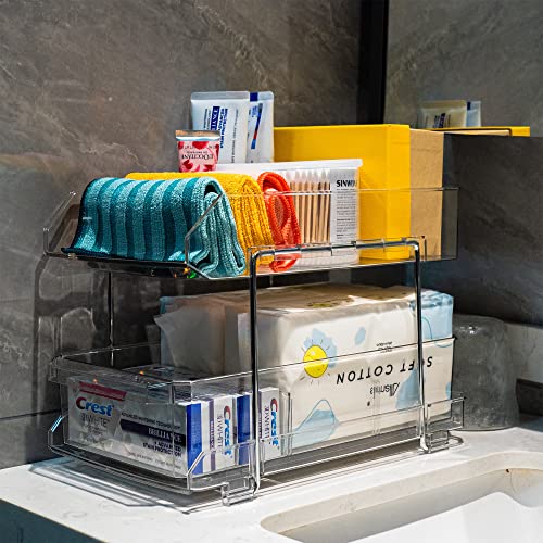 Hourleey 2 Tier Pantry Organizers and Storage, 2 Pack Clear Pull Out Kitchen Organizer and Storage with Dividers for Under Sink, Bathroom, Medicine, Cabinet, Closet Organizer