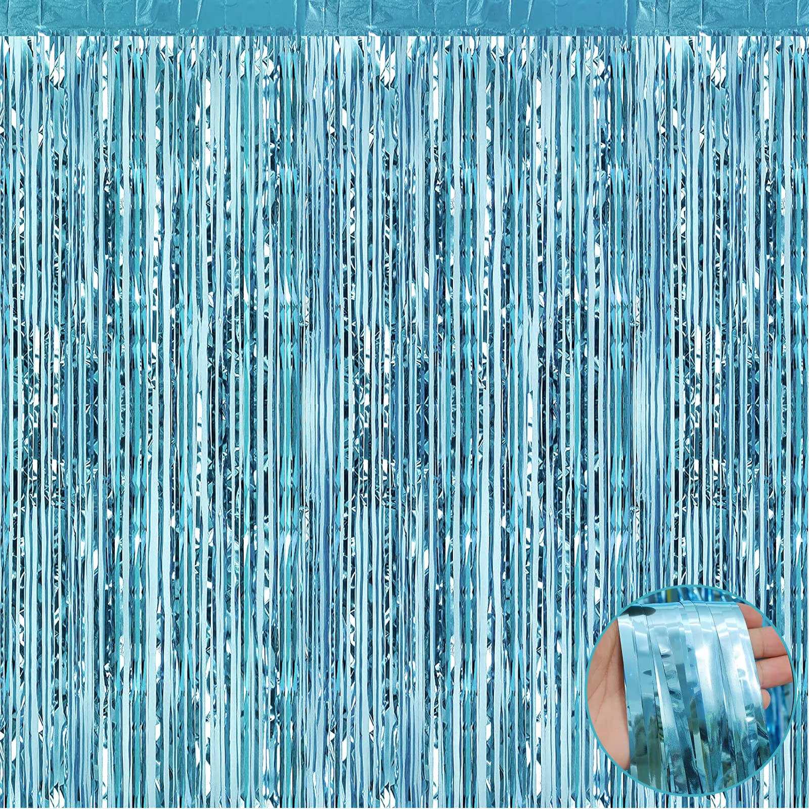 HalloweenDecorate 4 Pack Light Blue Foil Fringe Curtain Backdrop, 3.28Ftx8.2Ft Metallic Tinsel Streamer Curtains for Party, Photo Booth Props, Birthday, 2022 Graduation Decoration Party Supplies