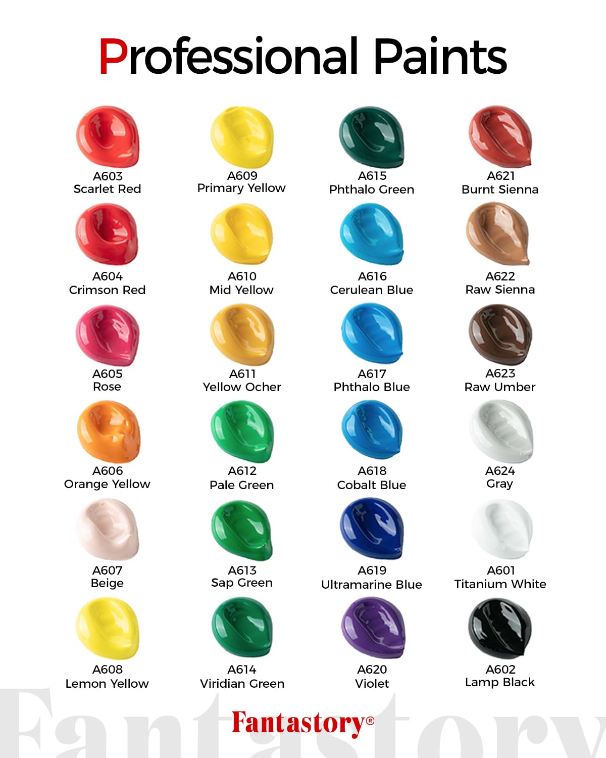 Fantastory Acrylic Paint Set, 24 Classic Colors(2oz/60ml), Professional Craft Paint, Art Supplies Kit for Adults Canvas/Fabric/Rock/Glass/Stone/Ceramic/Model/Wood Painting with 12 Brushes