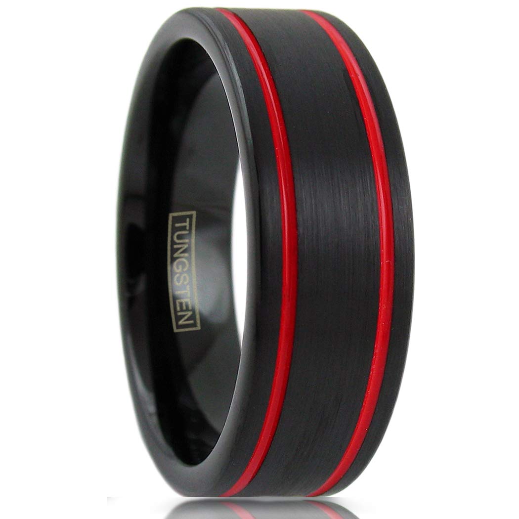 Engraved Personalized 8mm Flat Brushed Satin Finish Black Tungsten Carbide Band Ring w/Two Fire Engine Red Enamel Racing Stripes. (9.5)