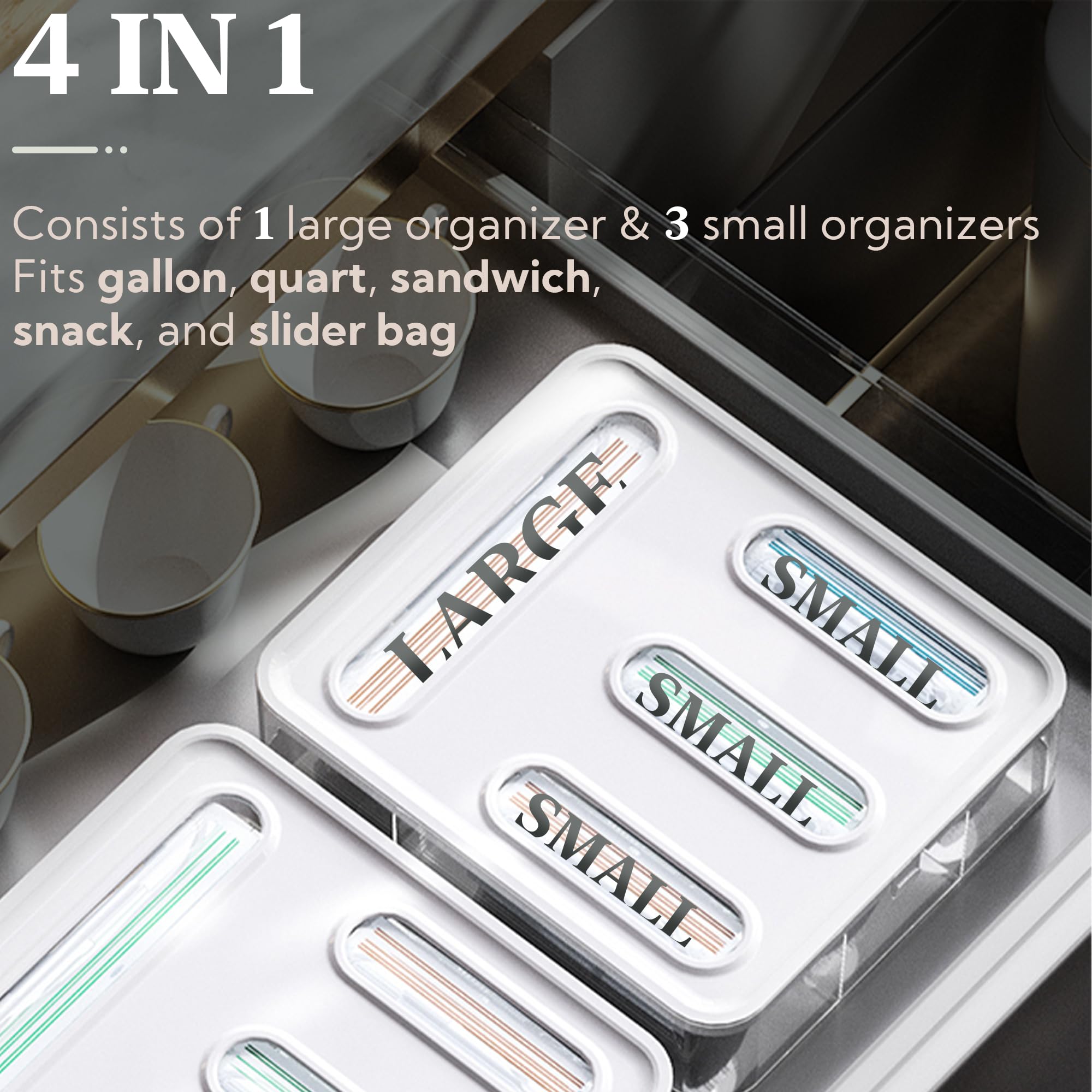 PUNNIO Kitchen Storage Bag Organizer, Acrylic Baggie organizer for Drawer, Plastic Bag Organizer complicate with Gallon, Quart, Sandwich, Snack, and Slider Bags (Acrylic)