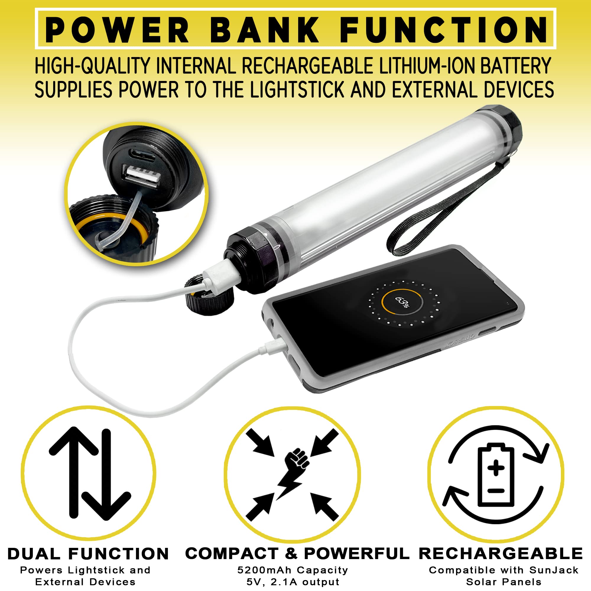 SunJack LightStick Camplight Standard – Waterproof Rechargeable Portable LED Flashlight with Power Bank Battery for Camping, Hiking, Backpacking, Swimming, Snorkeling, Boating, Emergency