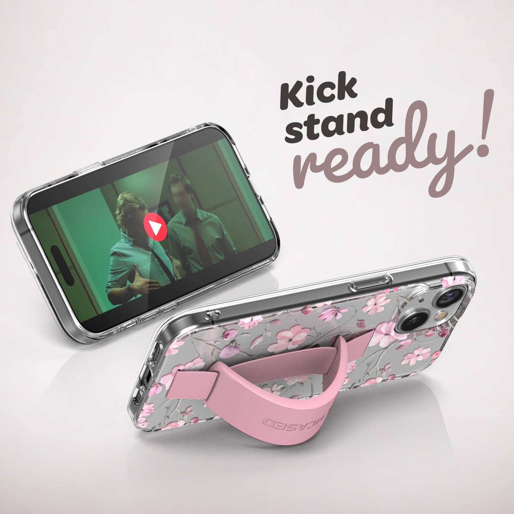 ENCASED Finger Loop Case, Designed for iPhone 15 Plus (2023) Hand Strap Clear Cover with Silicone Grip Phone Holder (Pink Flowers)