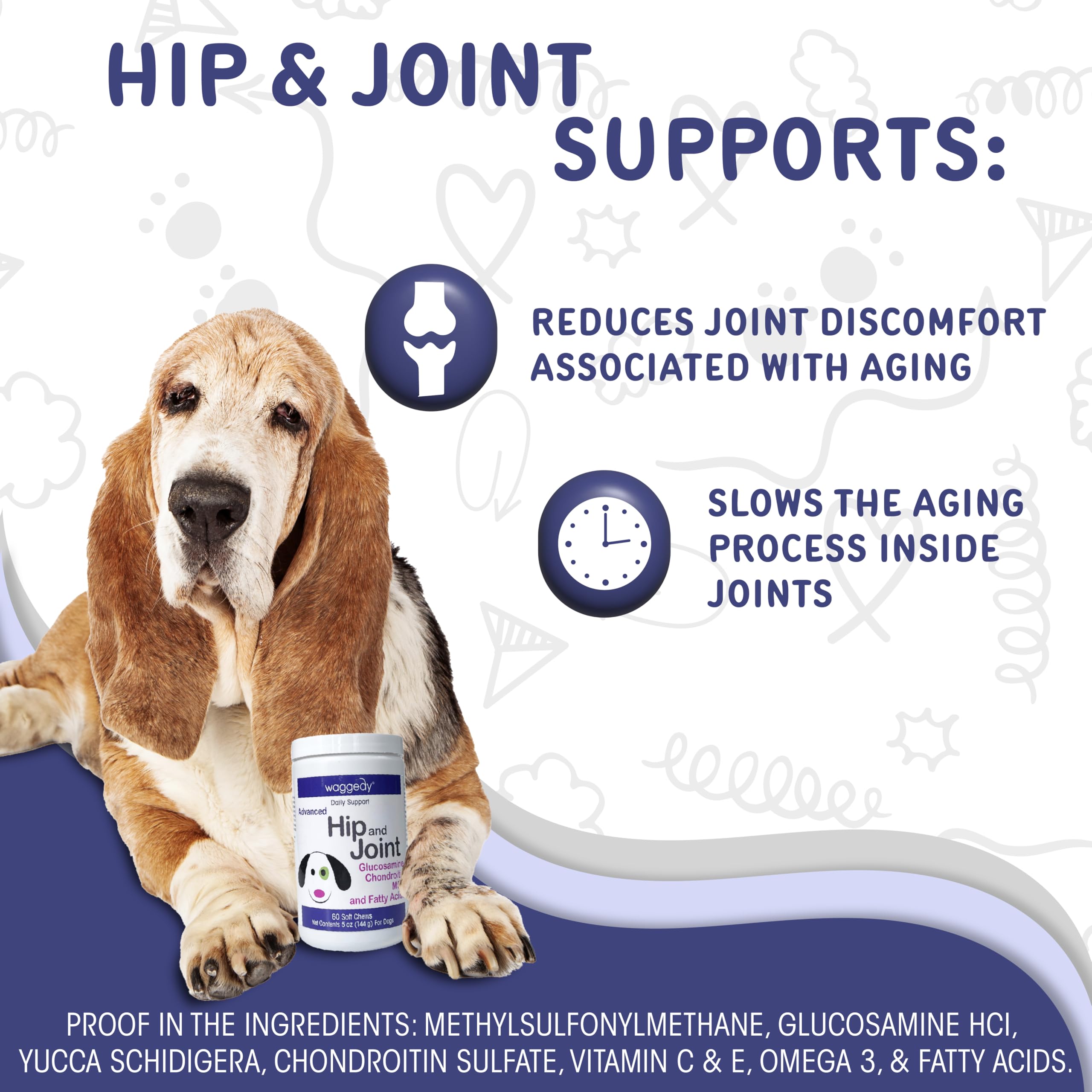 waggedy Advanced Hip and Joint Supplement Dogs with Glucosamine, Chondroitin, MSM & Fatty Acids β Daily Support Dog Health Supplements to Slow Degenerative Process Inside Joints (60 Dog Chews)