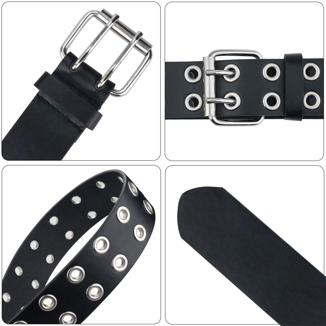 Grommet Leather Belts for Women, Double Prong Buckle Vintage Punk Jeans Belts