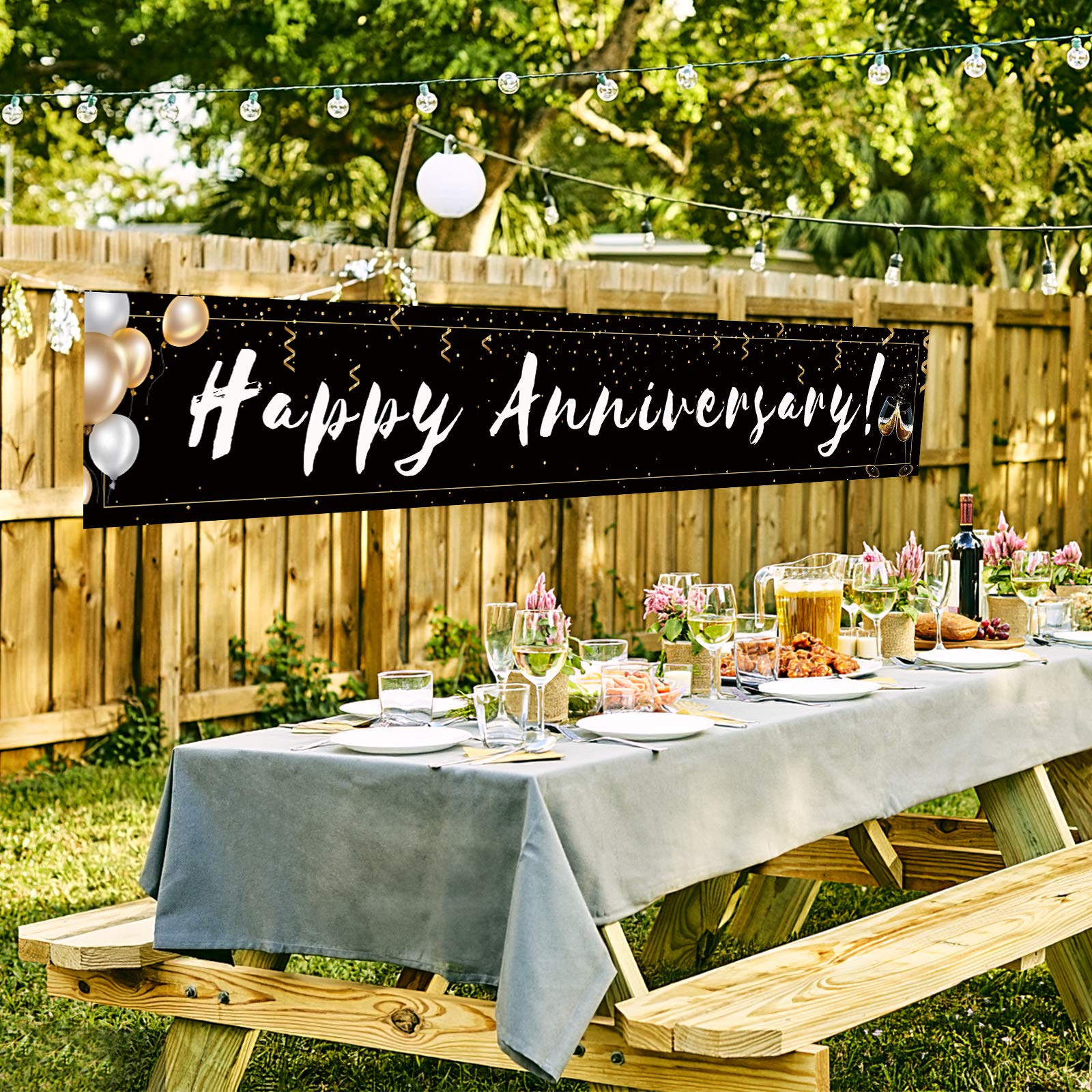 TZSS Happy Anniversary Decorations, Black Happy Anniversary Banner Yard Signs, Wedding Anniversary Decorations for Party(118" X 20")