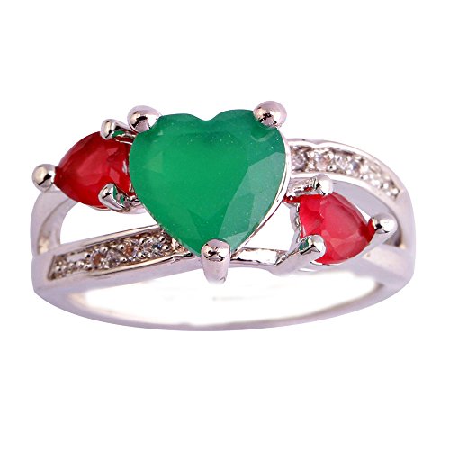 Empsoul Silver Plated Heart Shaped 3-Stones Created Ruby & Green Topaz CZ Filled Forever Love Promise Proposal Wedding Engagement Bridal Women Ring Size 6