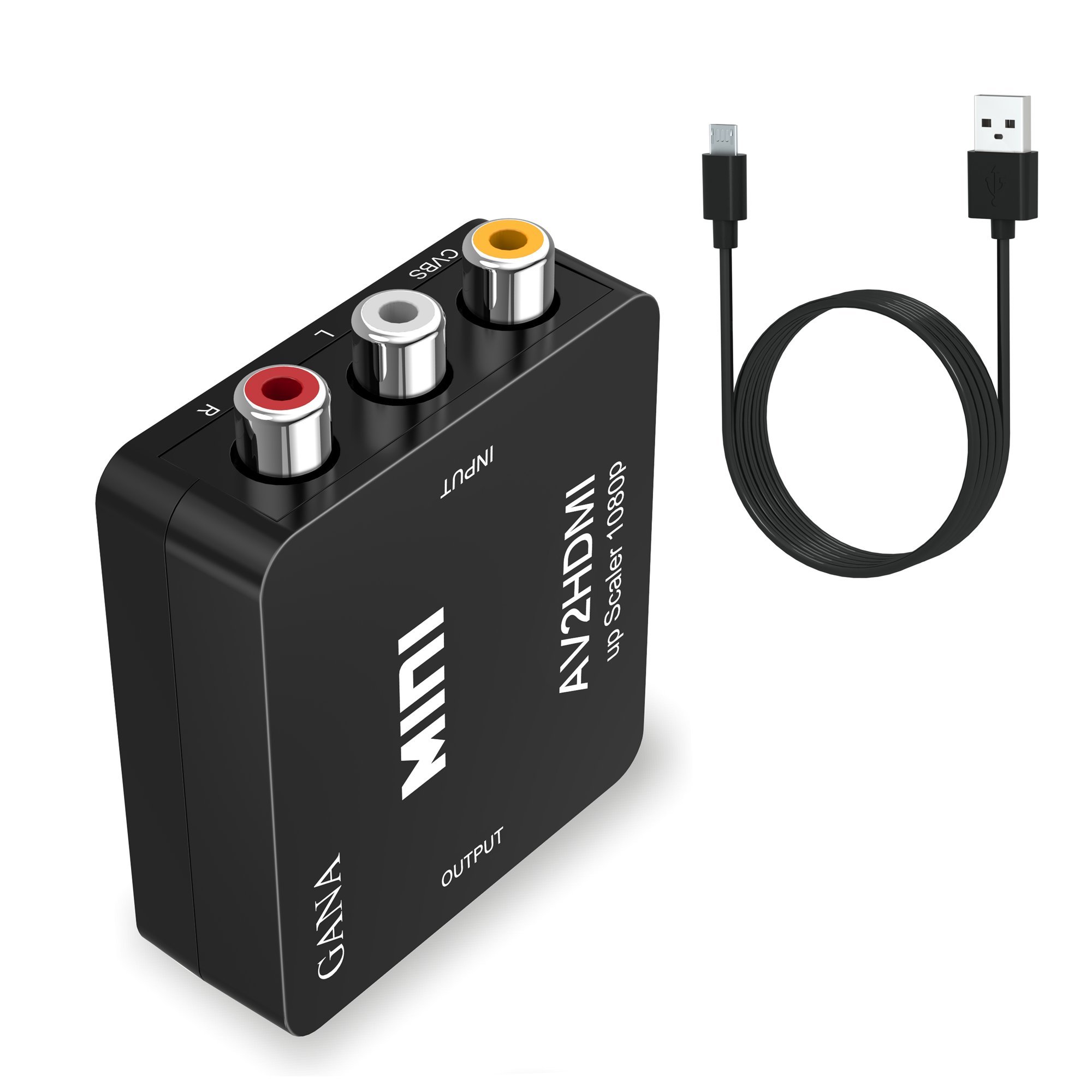 GANA RCA to HDMI, 1080P Mini RCA Composite CVBS AV to HDMI Video Audio Converter Adapter Supporting PAL/NTSC with USB Charge Cable for PC Laptop Xbox PS4 PS3 TV STB VHS VCR Camera DVD (Black)