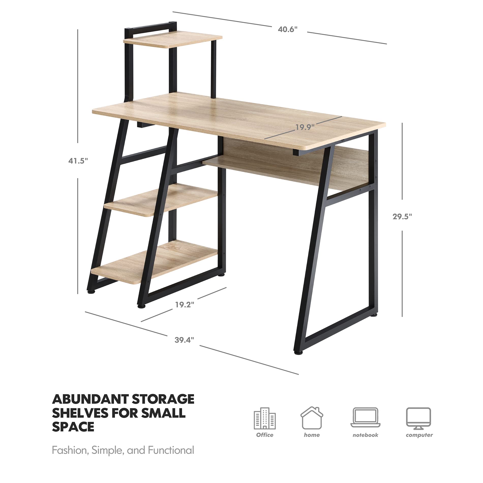 FITUEYES Computer Desk with Shelves,Home Office Writing Table with Bookshelf,40 Inch Modern Style PC Desk for Small Space,Nature