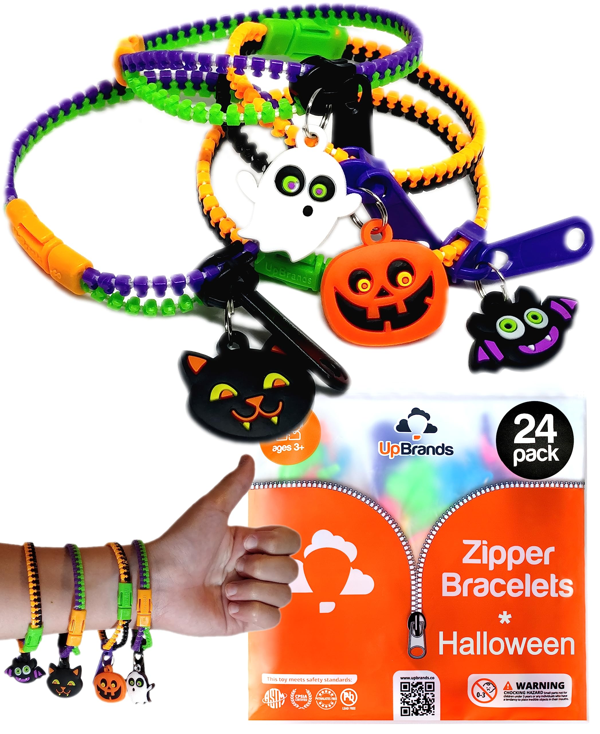 UpBrands Halloween Party Favor For Kids Zipper Bracelets Bulk Set, Kit for Birthday, Goodie Bags & Pinata Filler, Halloween Basket Stuffers, Fidget Toys, Sensory Friendship Jewelry (24 Pack)