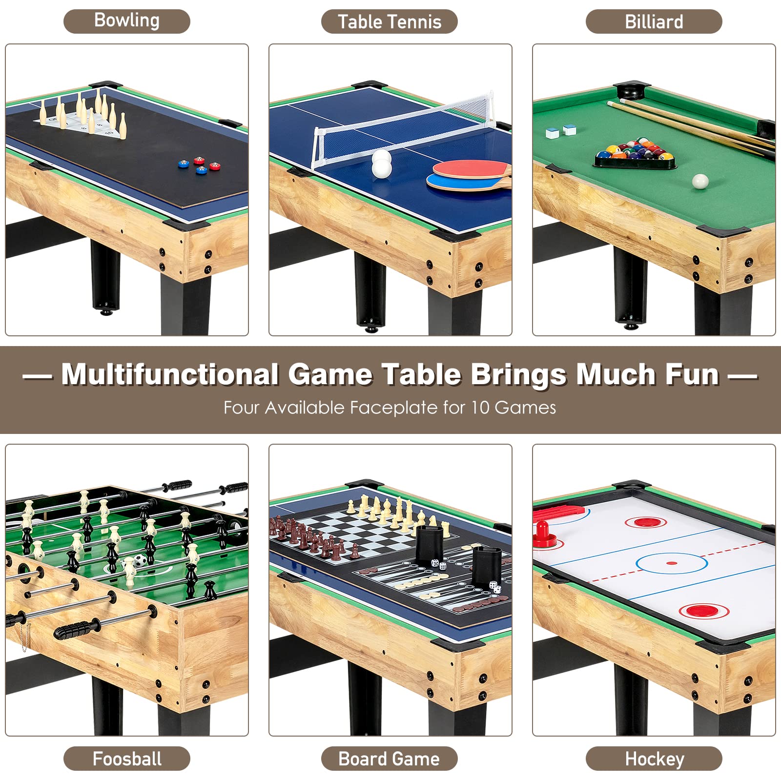 Giantex 10-in-1 Multi Game Table, Combo Game Table Set w/Hockey, Foosball Pool Ping-Pong Chess Cards Checkers Bowling, Shuffleboard, Backgammon, Adult Size Foosball Table for Game Room, Family