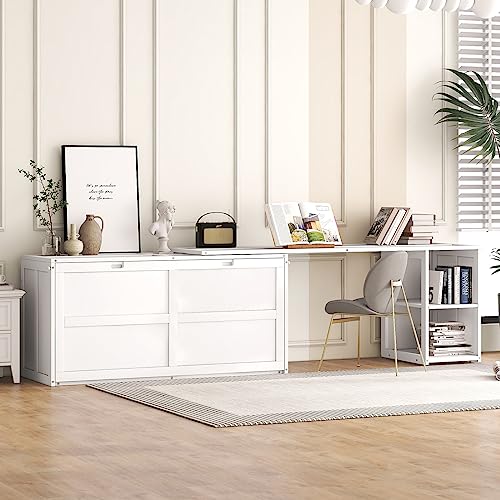 VKKILPEE Queen Size Murphy Bed with Rotatable Desk, 3 in 1 Floor Bed Frame with Cabinet & Workstation, for Small Room Living Room Bedroom, Solid Wood Construction, No Box Spring Required, White