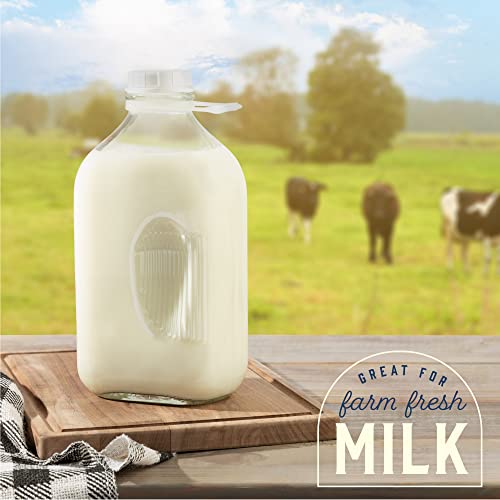 Kitchentoolz 64 Oz Glass Milk Bottle Jugs with Caps, Half Gallon Glass Milk Container for Refrigerator with Tamper Proof Lids and Pour Spouts- Pack of 2