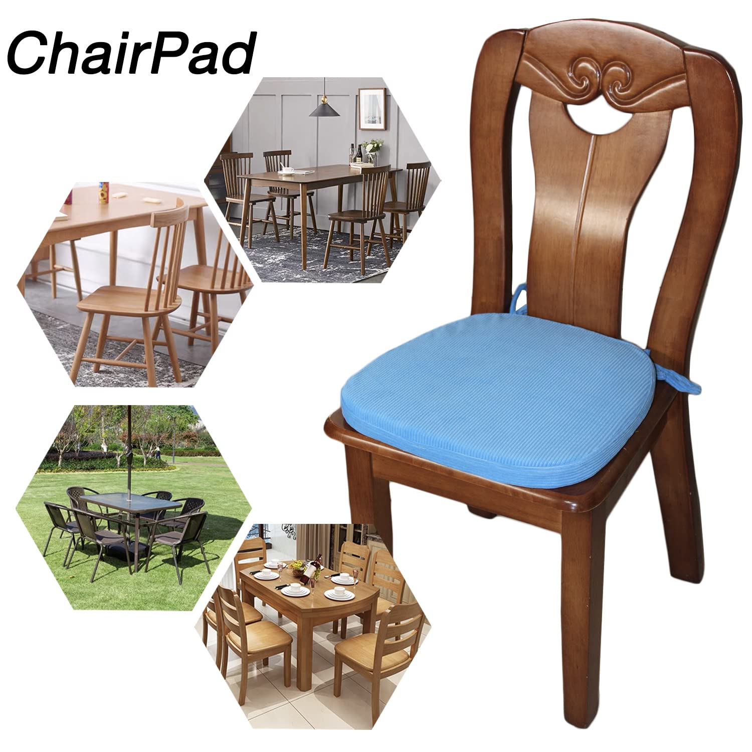 KGPLOME Chair Cushion with Ties for Dining Chairs - Non Slip Memory Foam Kitchen Seat Pad and Indoor Pad with Machine Washable Cover [ 16.5 x 16.2 Inches ] - Blue