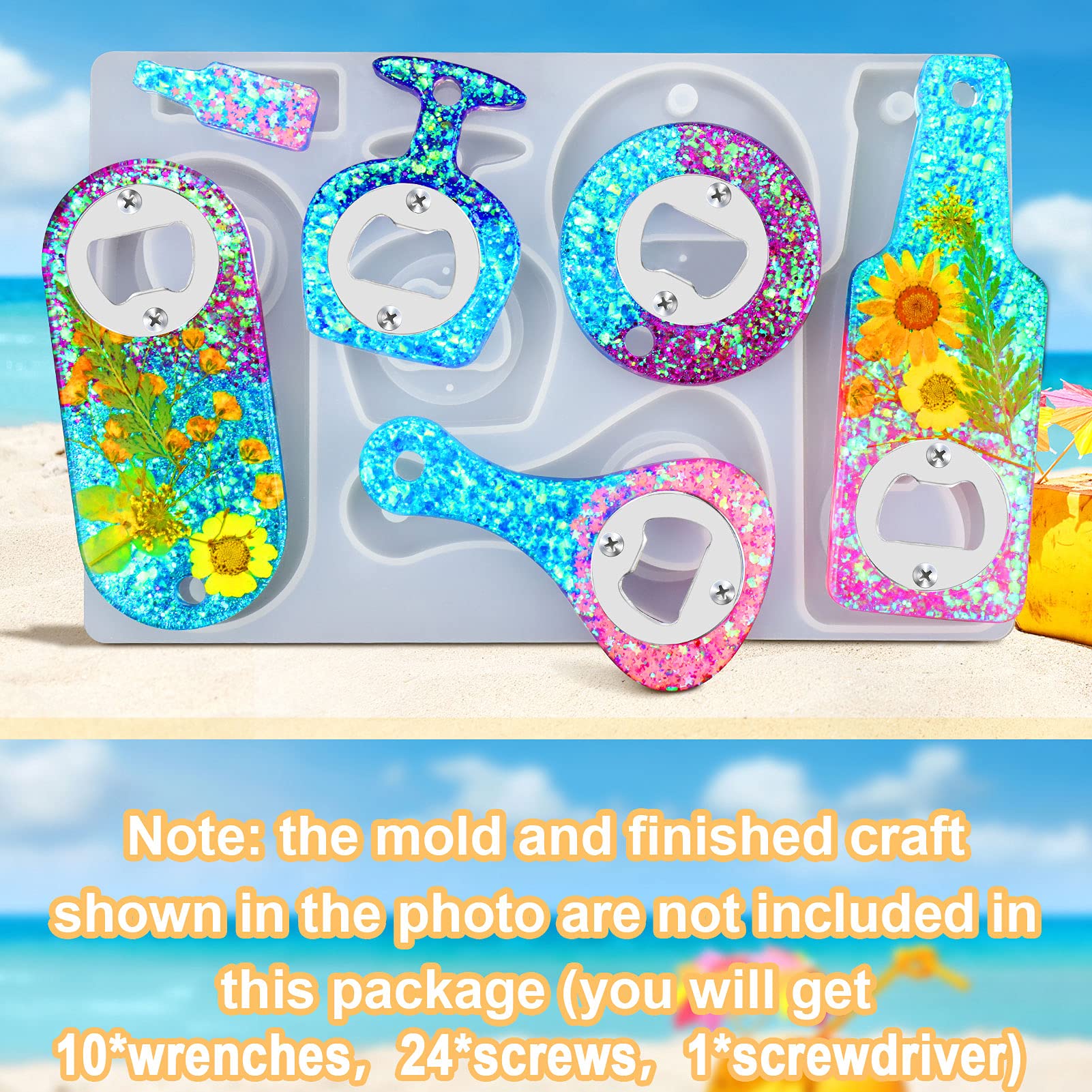Juome 10 Sets Bottle Opener Inserts Kit, Stainless Steel Metal Inserts DIY Beer Opener, Wrench/Spanner with Screws for Bottle Opener Resin Molds Kit