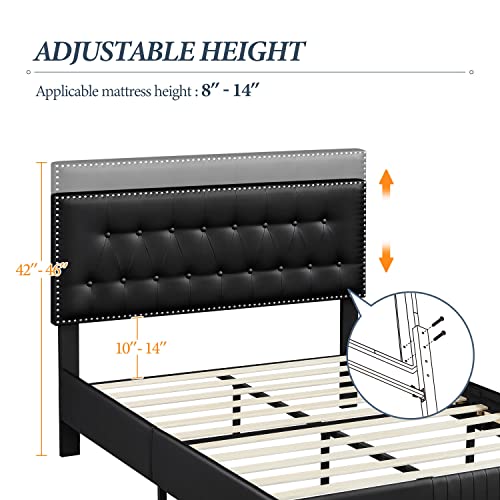 Yaheetech Full Bed Frame Faux Leather Upholstered Platform Bed with Height-Adjustable Headboard, Button Tufting & Nailhead Trim/Noise-Free/Wood Slats Support/No Box Spring Needed, Black Full Bed
