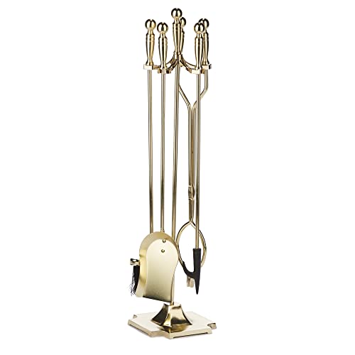 UniFlame Polished Brass Finish 5-Piece Fireplace Tools Set with Heavy Weight Steel Construction