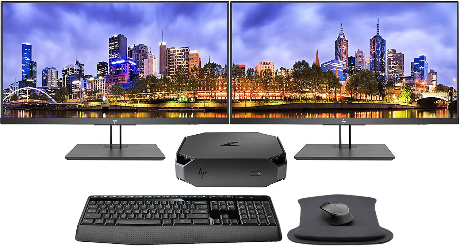 HP Z2 Mini G4 Workstation Bundle with Intel Xeon E-2144G, 16GB DDR4, 256GB NVMe SSD, 2 x HP Z27n Monitors, Quadro P600 Graphics, Wireless Keyboard and Gel Pad, Windows 10 Pro