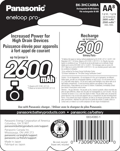 Eneloop Panasonic BK-3HCCA8BA pro AA High Capacity Ni-MH Pre-Charged Rechargeable Batteries, 8-Battery Pack