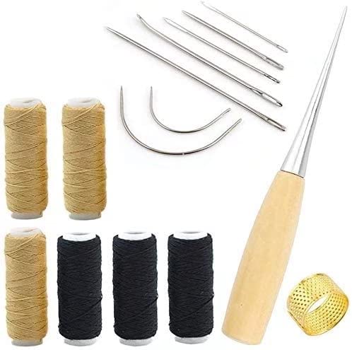 Fezep Upholstery Repair Kit, Upholstery Thread 3 Rolls Black (150 Yard) and 3 Rolls Beige (150 Yard) Includes a Heavy Duty Assorted Hand Sewing Needles kit