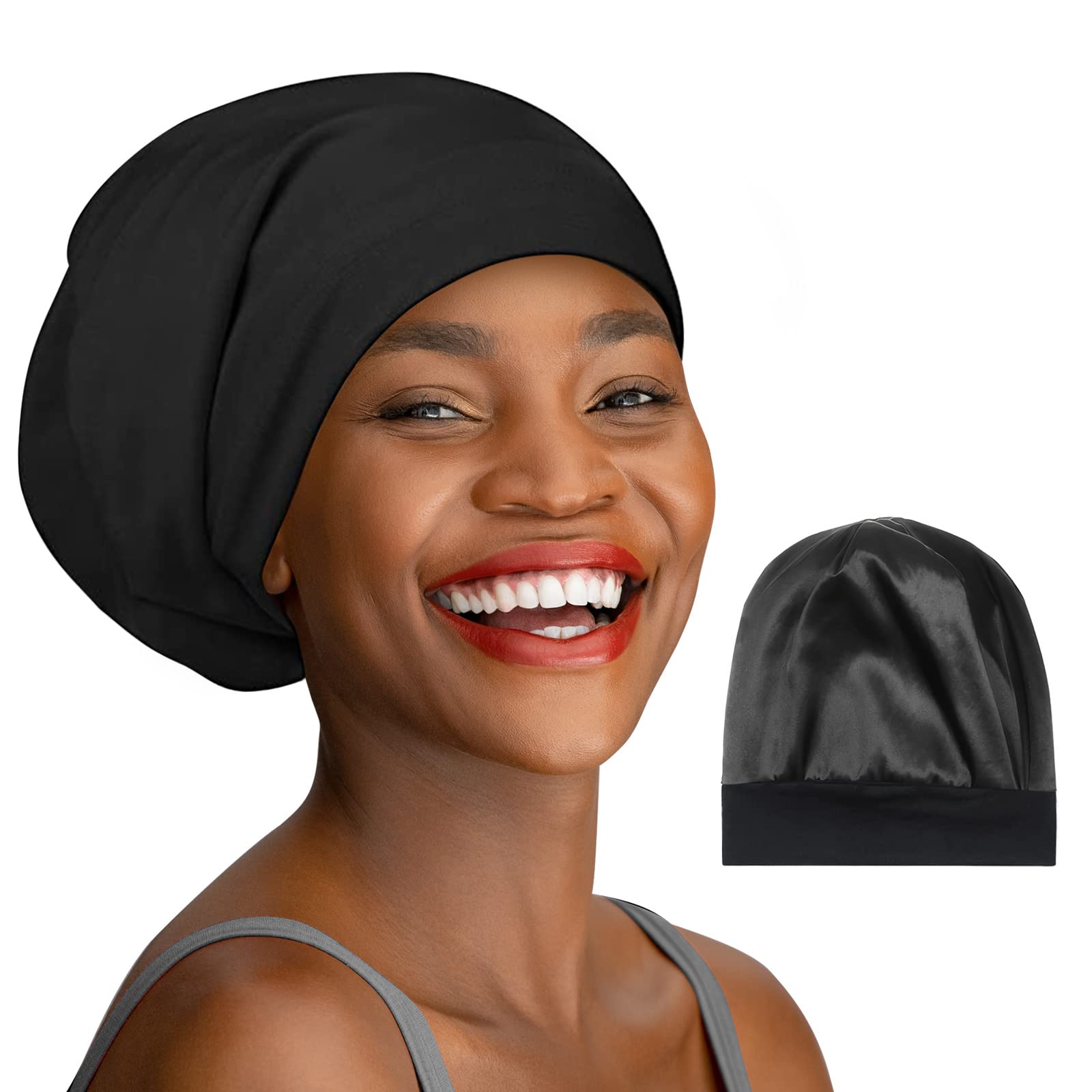 iCooBreeze 100% Mulberry Silk Lined Sleep Cap Bonnet for Curly Hair and Braids, Stay On Sleeping Hair Wrap Adjustable, 1PC, Solid Black