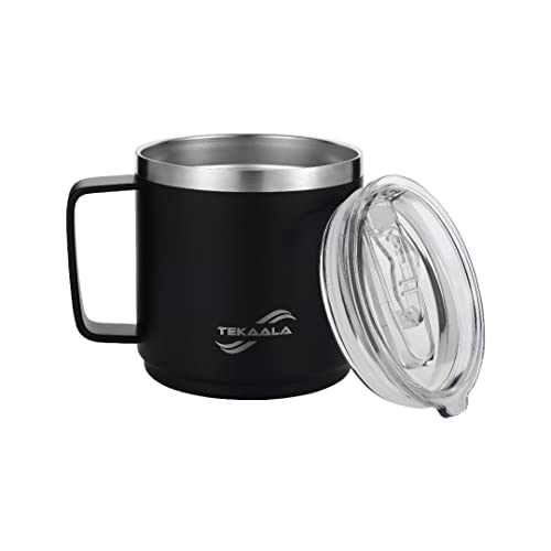 TEKAALA Stainless Steel Coffee Mug, Dishwasher safe,14 Oz Double Wall Vacuum Insulated, Durable Black PPG powder Coating, Travel Thermal Cup with lid and handle