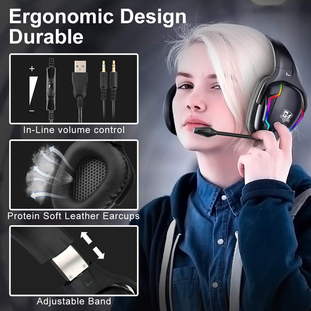 GTRACING Gaming Headset for PC - Computer Headphones with Surround Sound Stereo Noise Canceling Mic/Microphone RGB Light - Gaming Headphones for Nintendo Switch, PS4, Console Laptop,Black