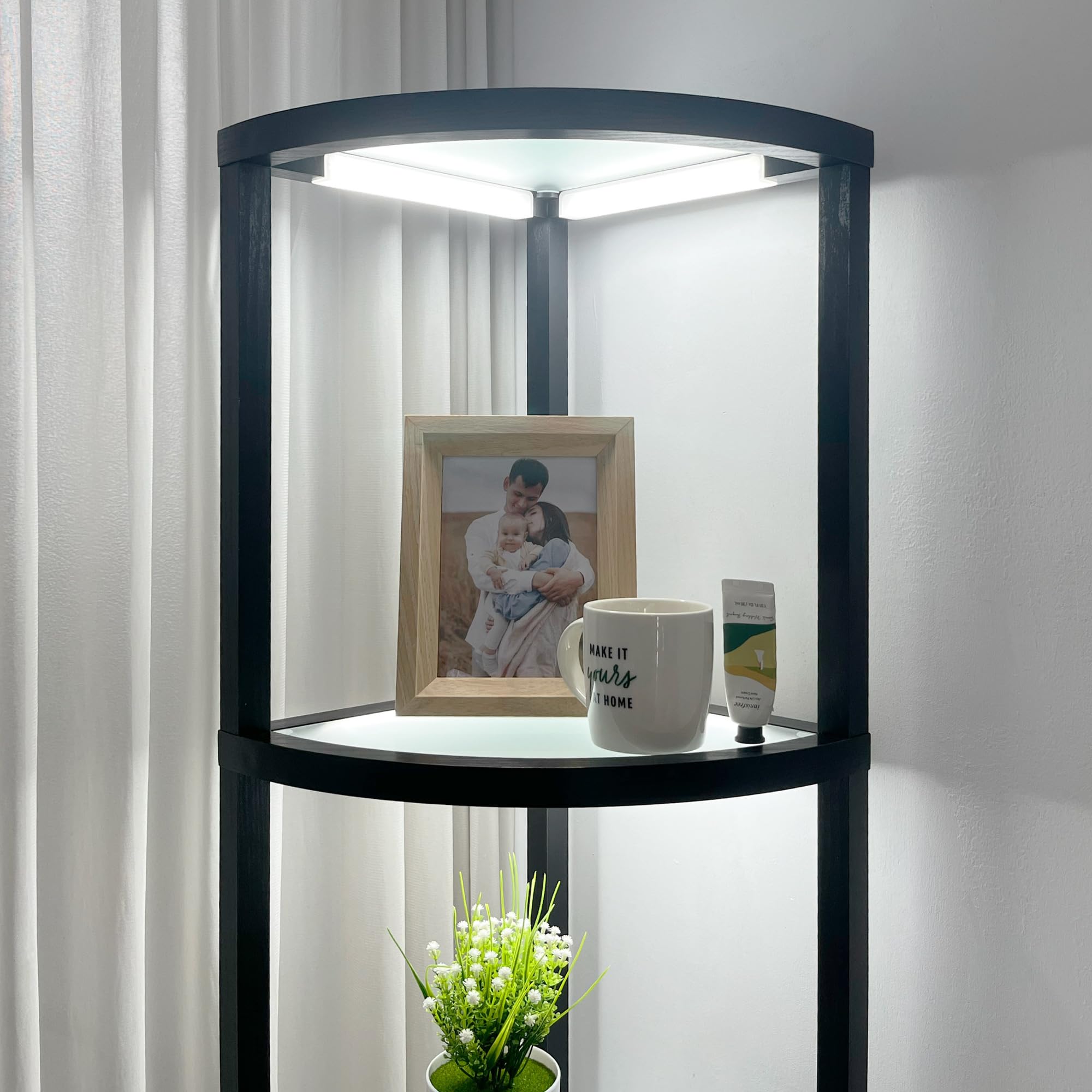 FENLO Fantasy Edge - 66" LED Corner Glass Display Shelf Lamp for Bedrooms, Dimmable Corner Floor Lamp with Shelves, Curio Cabinet Display Case with Remote Control (Black)
