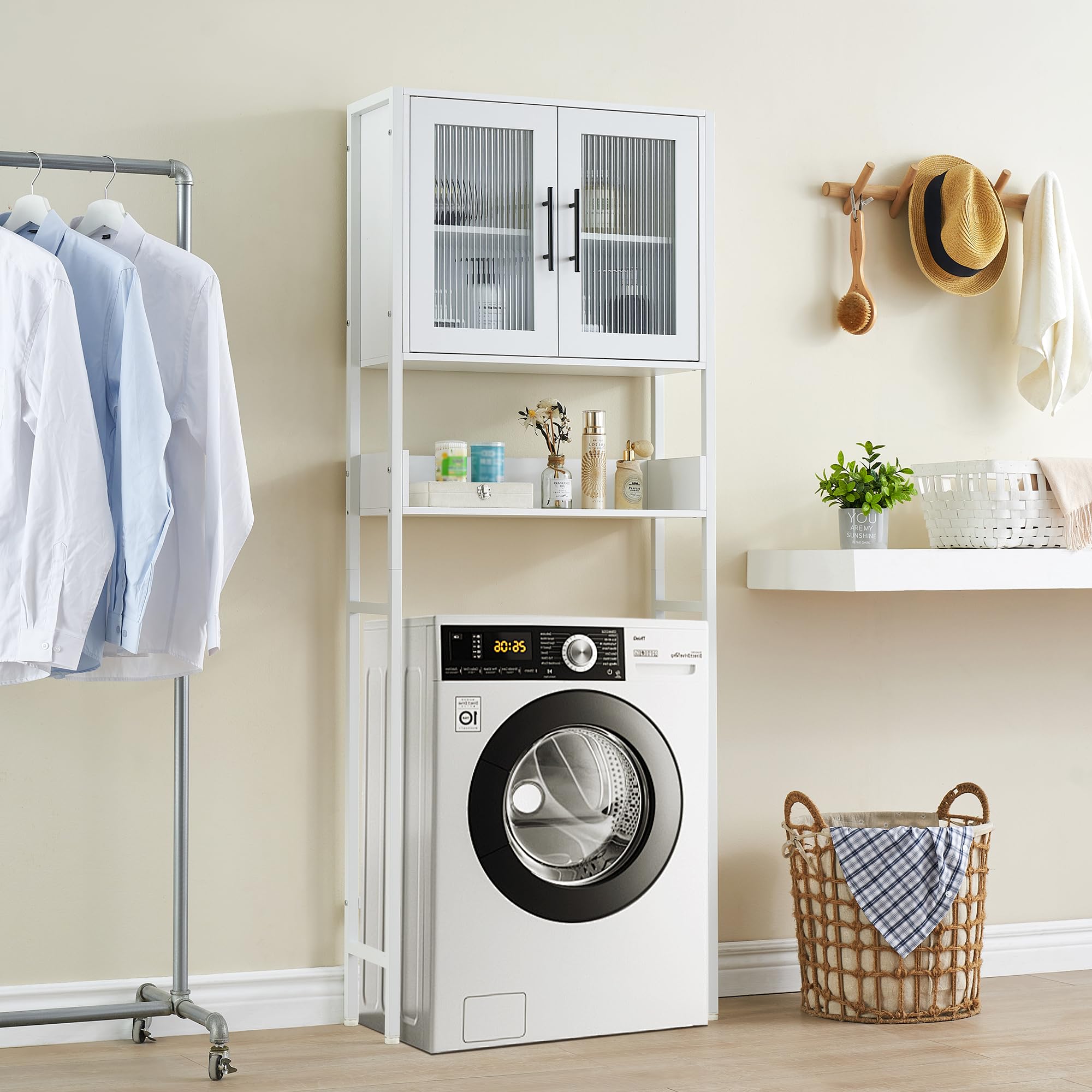 IDEALHOUSE Over The Toilet Storage Cabinet, Bathroom Storage Cabinet Organizer with Doors and Adjustable Shelf, Freestanding Bathroom Storage Rack, White