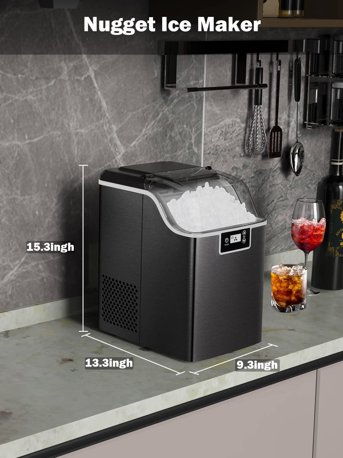 Kndko Nugget Ice Maker with Chewy Ice,High Ice-Making of 45lbs/Day/14,000pcs, Self-Cleaning,24-Hour Timer for Home Kitchen Bar Party,Bright Black Stainless Steel