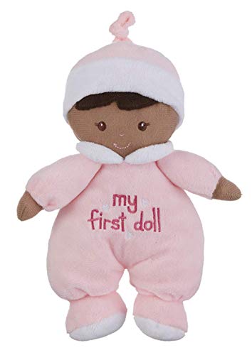 Ganz My First Doll Dollies Soft Plush Girl with Dark Complexion and Black Hair Pink Outfit, Hat. She Rattles!