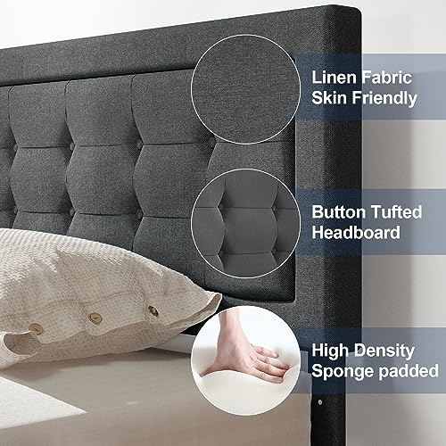VECELO Twin Size Upholstered Bed Frame with Height Adjustable Fabric Headboard, Heavy-Duty Platform Bedframe/Mattress Foundation/Strong Wood Slat Support/No Box Spring Needed, Grey
