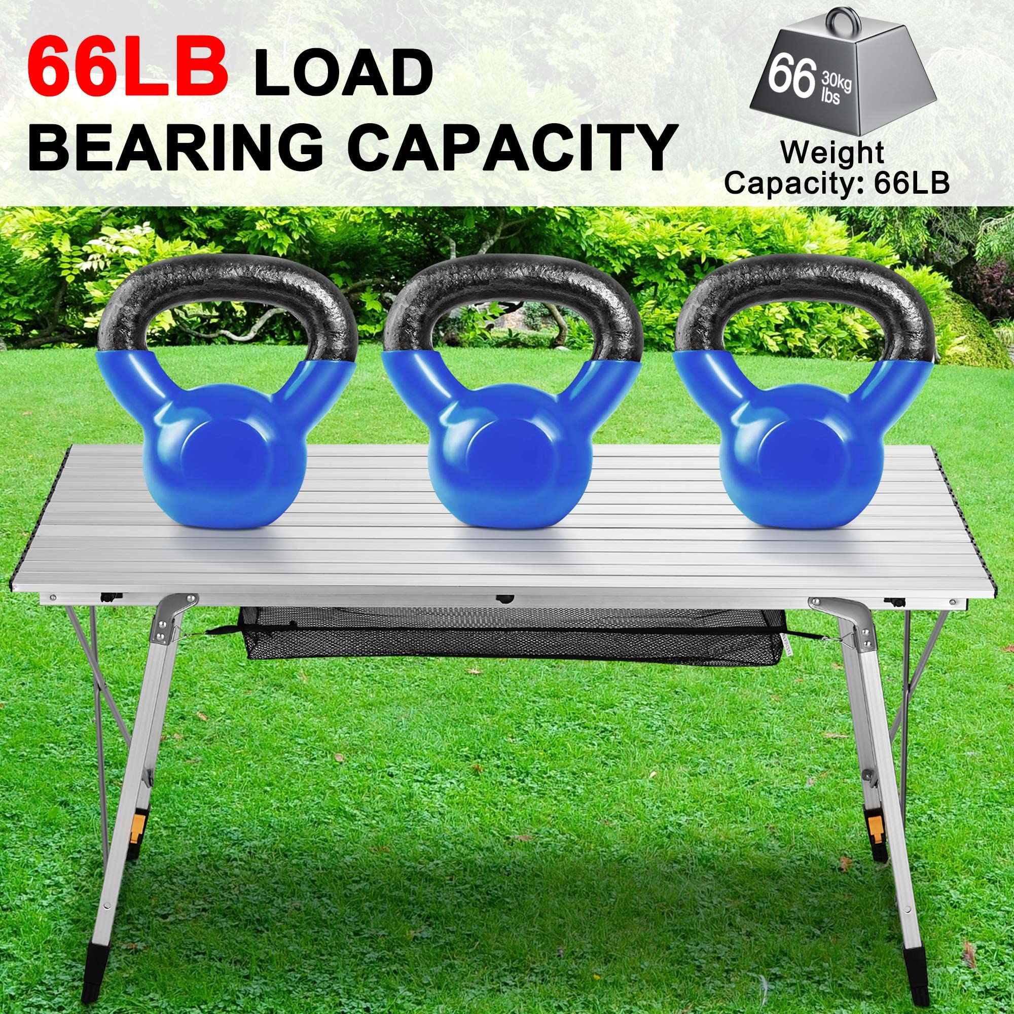 FiveJoy Folding Camping Table Outdoor Portable Picnic Camp Table with Aluminum Legs Adjustable Height Roll Up Table with Mesh Layer for Picnic Beach Grill Backyard Kitchen