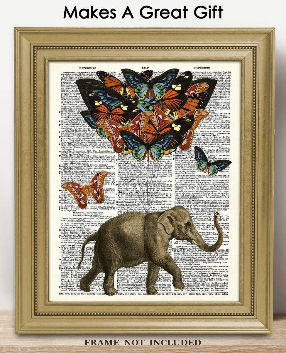Elephant With Butterfly Balloons Dictionary Wall Art Print: Unique Room Decor for Boys, Men, Girls & Women - (8x10) Unframed Picture
