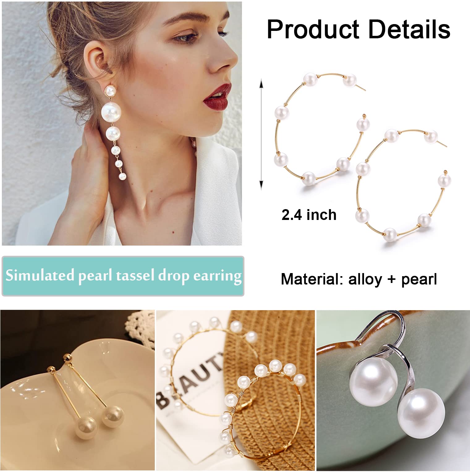 FIRAZIO 8 Pairs Big Simulated Pearl Long Tassel Drop Earrings for Women Double Sided Front Back Pearl Earrings Imitation Pearl Dangle Earrings